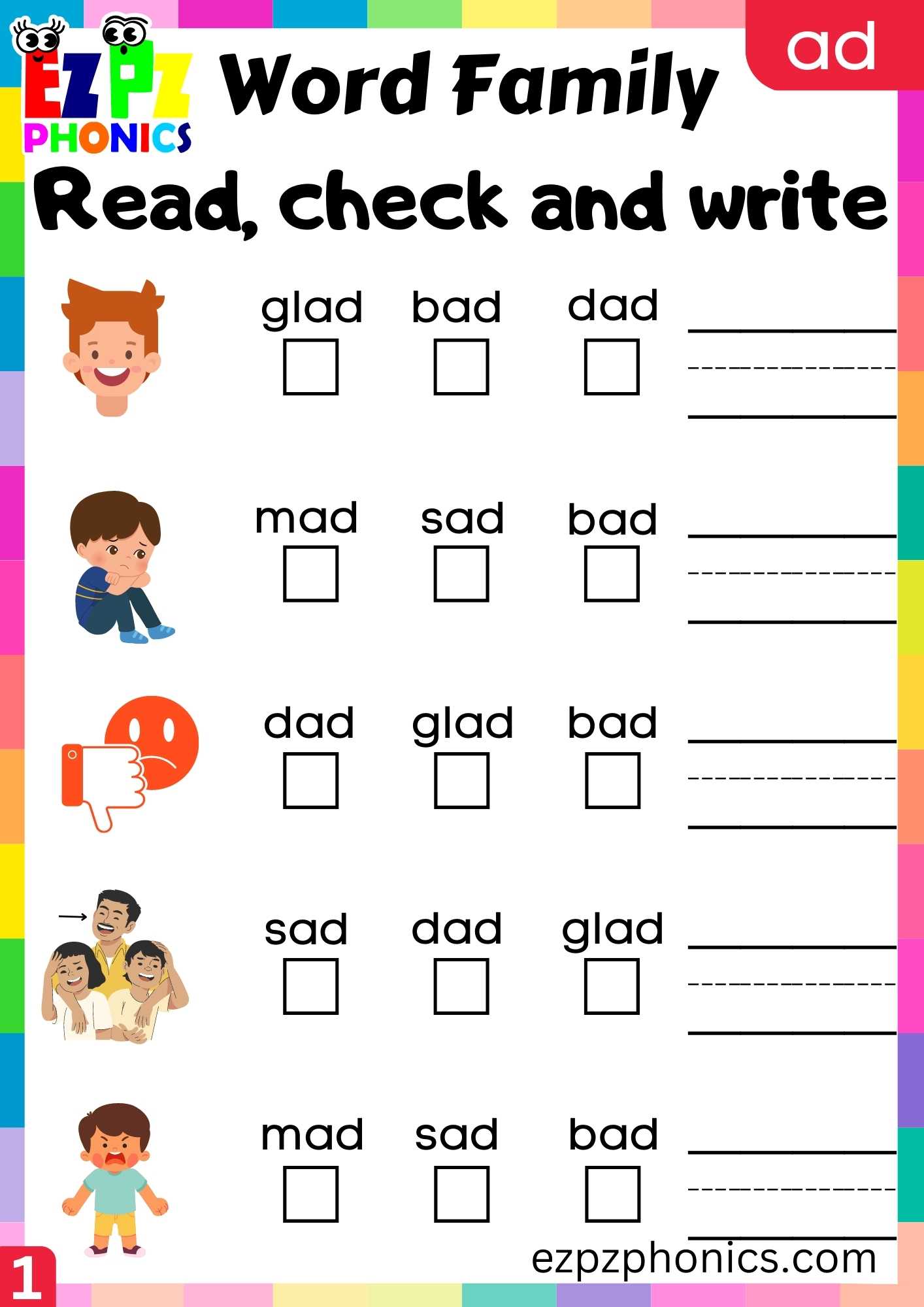 AD Words Read, Check And Write Phonics Word Families Worksheet - ezpzphonics.com